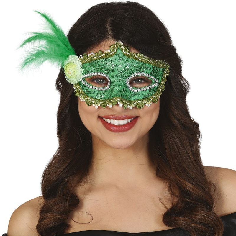 Máscara verde com pena | Acessórios de Carnaval