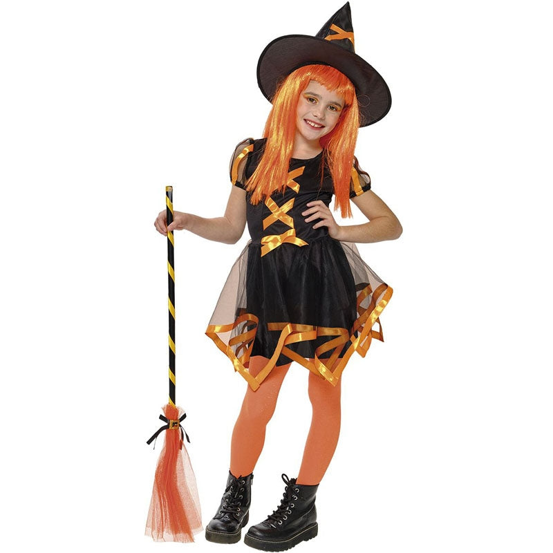 Fato Bruxa laranja néon menina para um look Halloween medonho